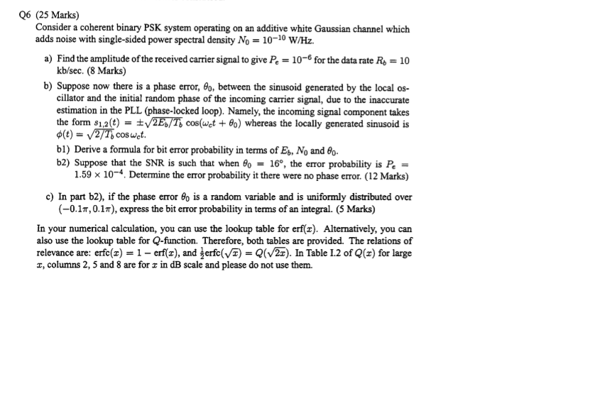 Q6 (25 Marks) Consider a coherent binary PSK system | Chegg.com