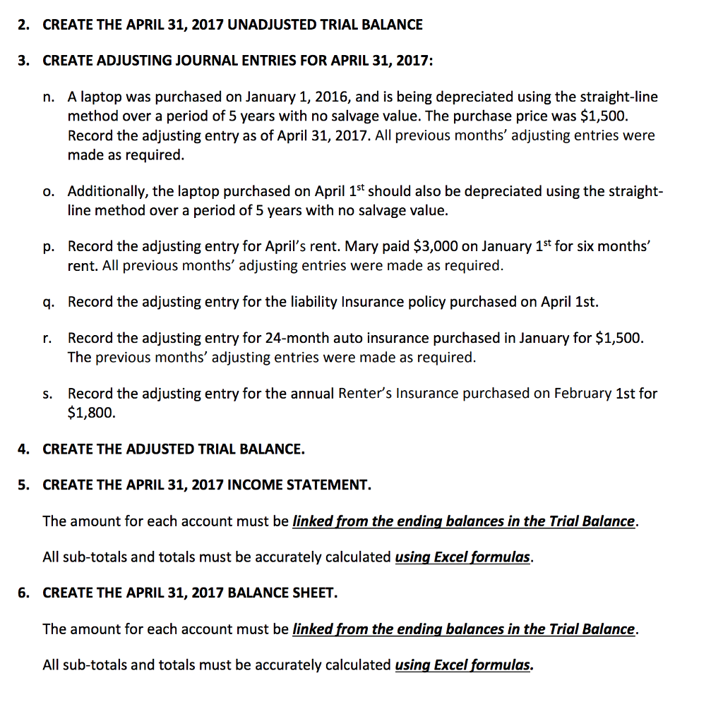 Solved 1. CREATE JOURNAL ENTRIES FOR THE APRIL 2016 | Chegg.com