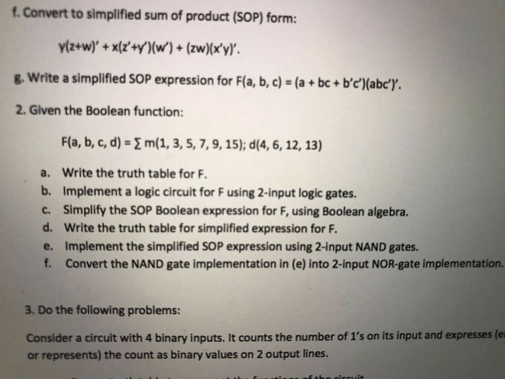 Solved F Convert To Simplified Sum Of Product Sop Form