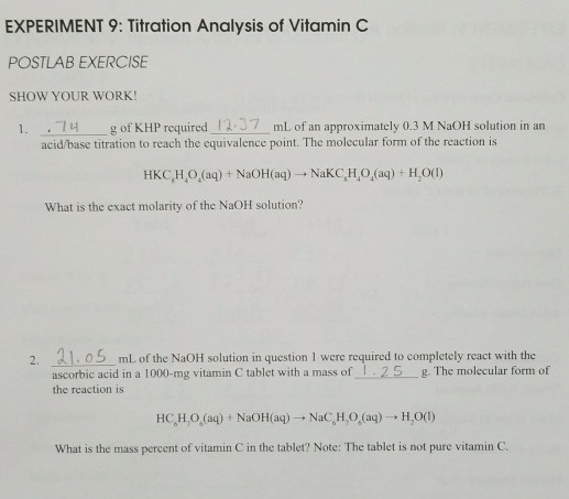Solved EXPERIMENT 9: Titration Analysis of Vitamin C POSTLAB | Chegg.com