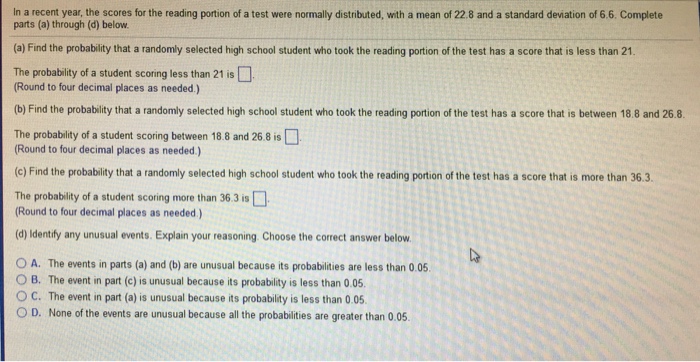 Solved In a recent year, the scores for the reading portion | Chegg.com