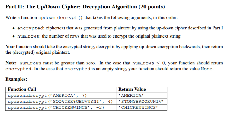 Solved Part I: The Up/Down Cipher: Encryption Algorithm (20 | Chegg.com