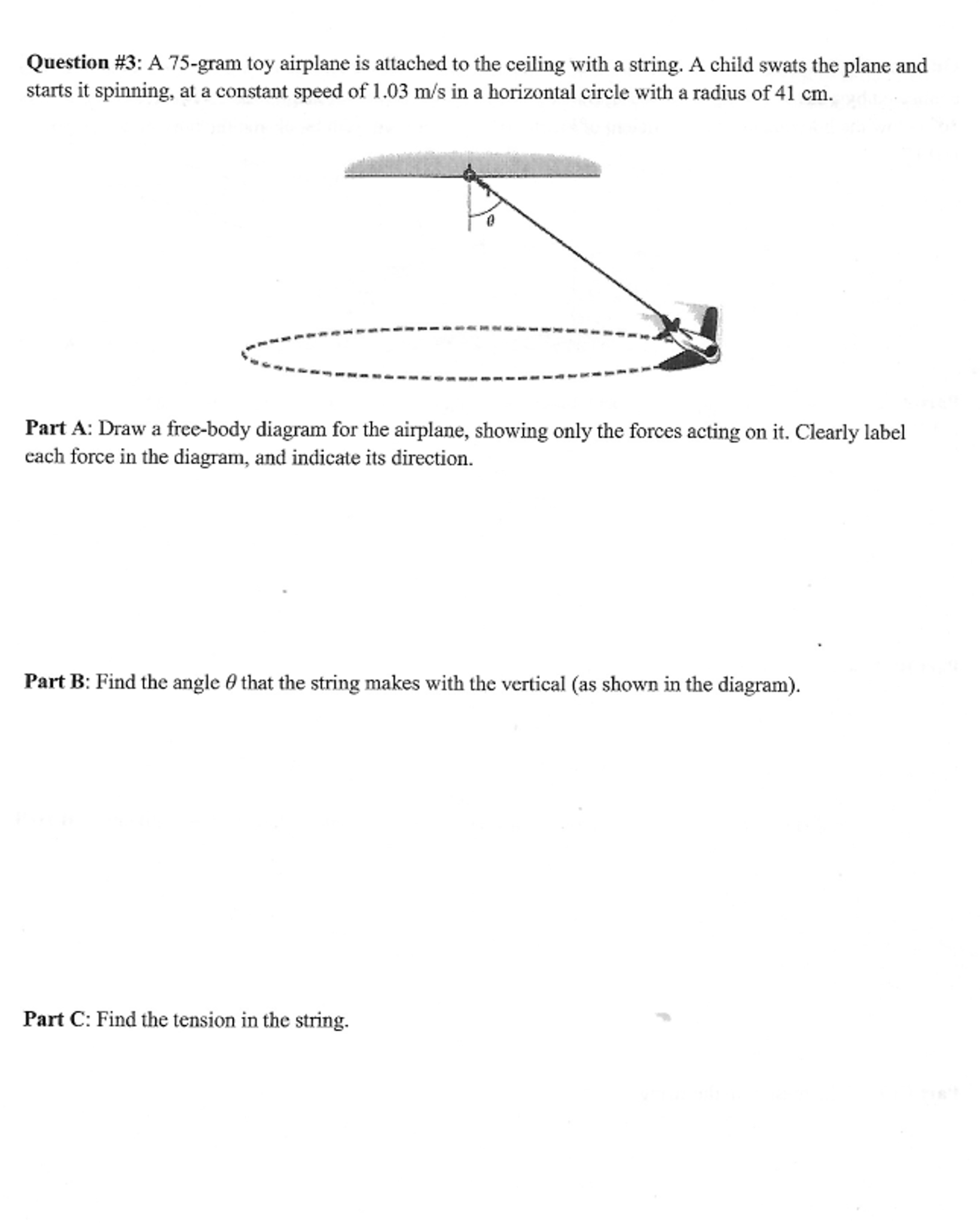 Solved A 75-gram toy airplane is attached to the ceiling | Chegg.com