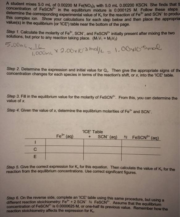 Solved A student mixes 5.0 mL of 0.00200 M Fe(NO_3)_3 with | Chegg.com