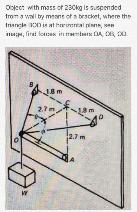 Solved Object with mass of 230kg is suspended from a wall by | Chegg.com