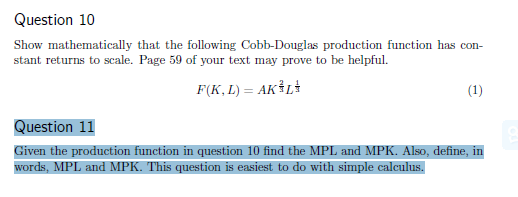 Solved Given the production function in question 10 find the | Chegg.com