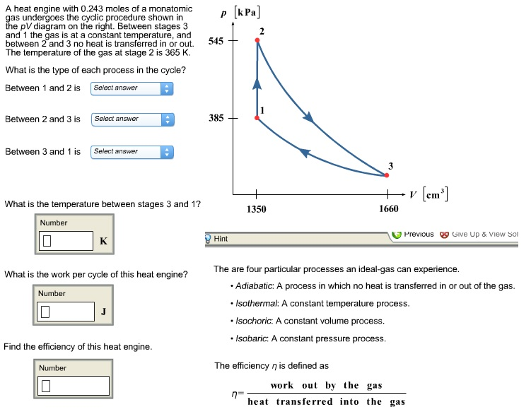 Solved A heat engine with 0.243 moles of a monatomic gas | Chegg.com