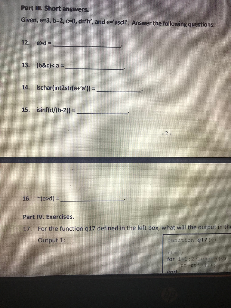 Solved Part III. Short answers. Given, a-3, b=2, c=0, d='h, | Chegg.com