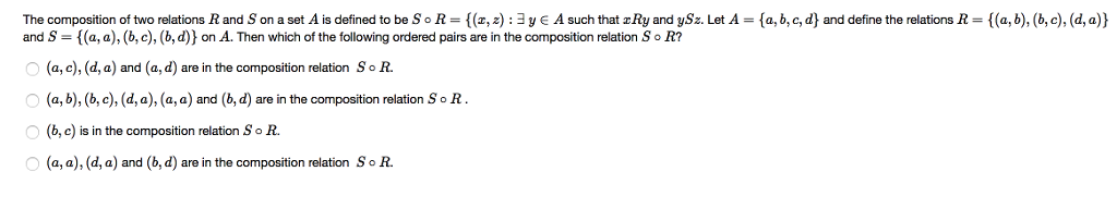 Solved The composition of two relations R and S on a set A | Chegg.com