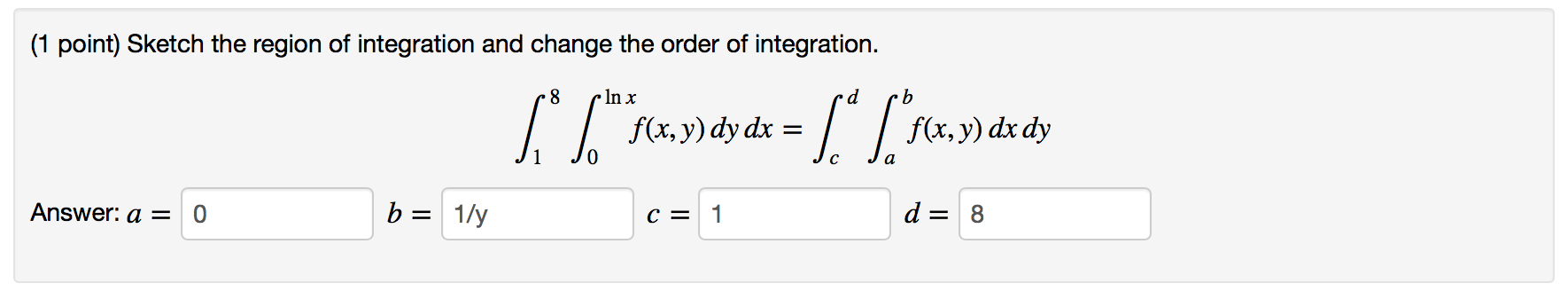 Solved Sketch the region of integration and change the order | Chegg.com