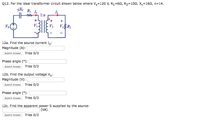 Solved Q12. For the ideal transformer circuit Shown below | Chegg.com