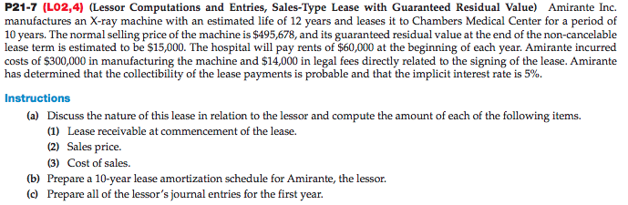 Solved P21-7 (LO2,4) (Lessor Computations and Entries, | Chegg.com