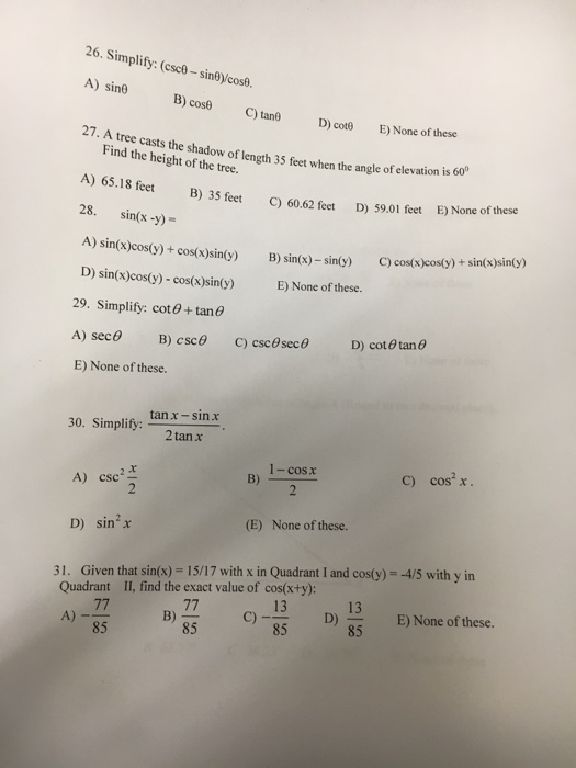 Solved Simplify: (csc theta - sin theta)/cos theta. A) sin | Chegg.com