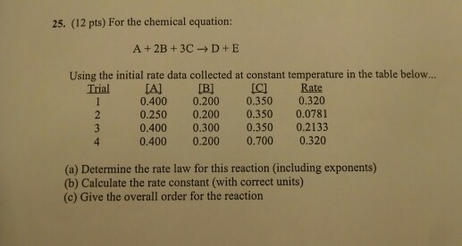 Solved 25. (12 pts) For the chemical equation: A+2B+3C → D + | Chegg.com