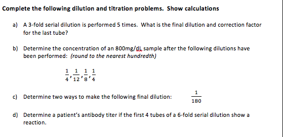 Solved Complete the following dilution and titration | Chegg.com