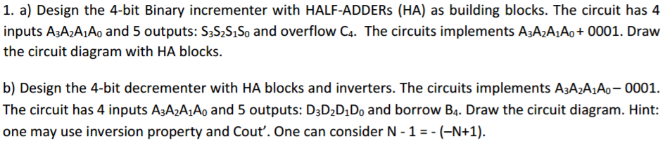Solved Design the 4-bit Binary incrementer with HALF-ADDERs | Chegg.com