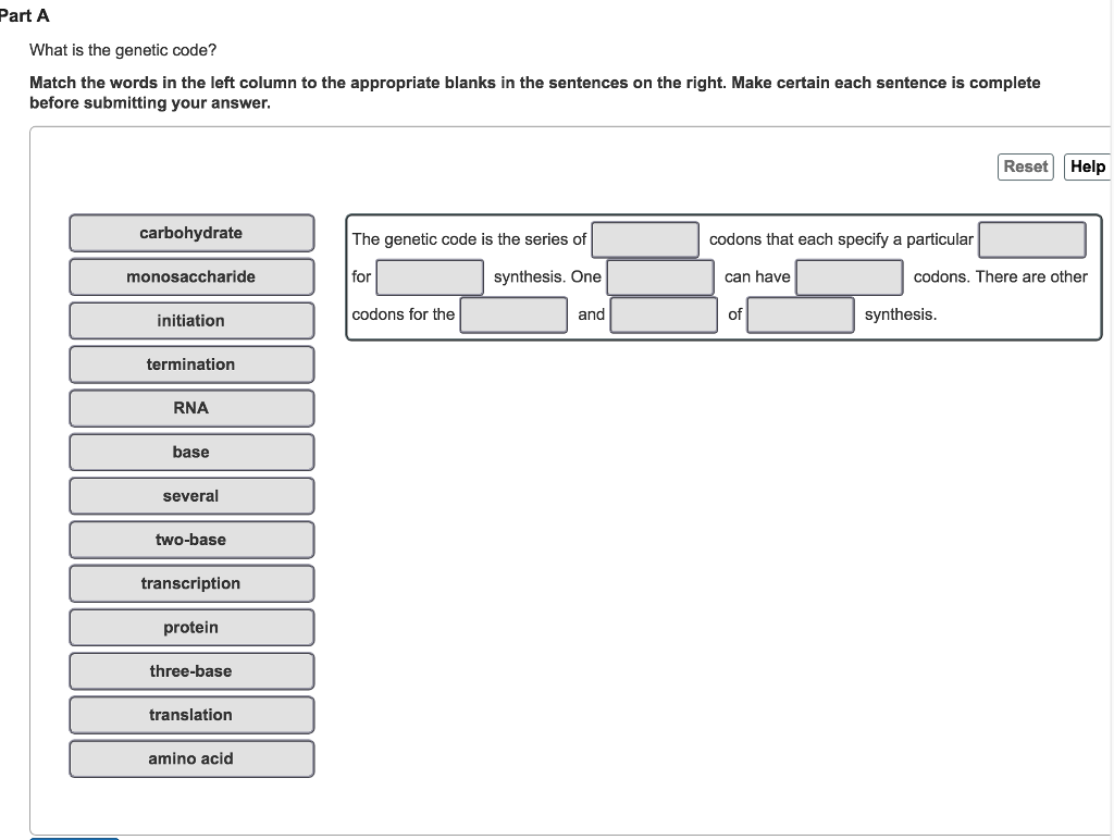 Solved art A What is the genetic code? Match the words in | Chegg.com