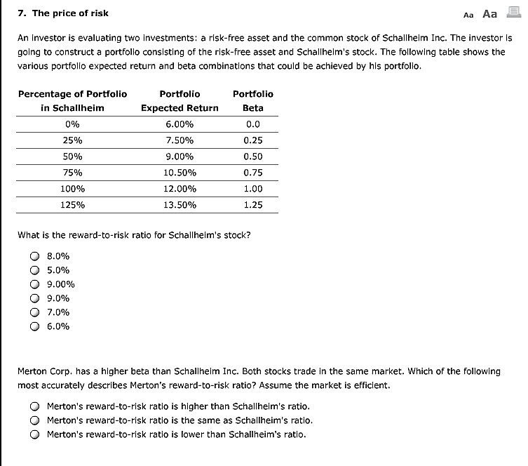 Solved 7. The price of risk Aa Aa An investor is evaluating | Chegg.com