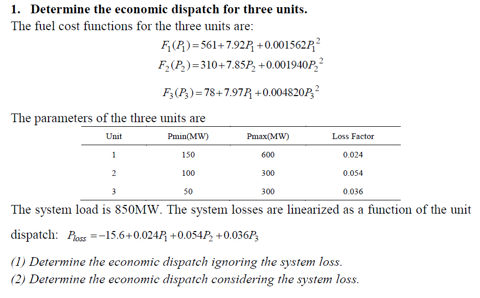 Solved 1. Determine the economic dispatch for three units. | Chegg.com