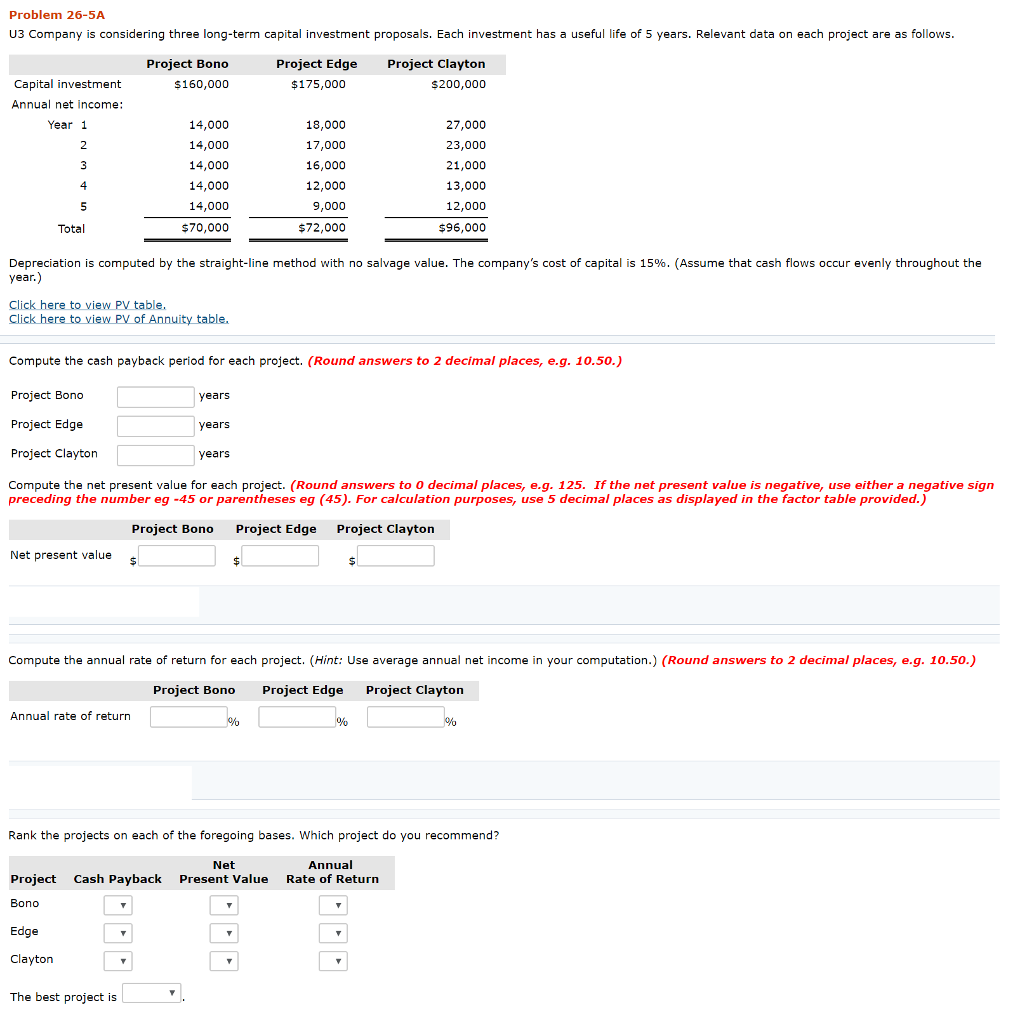Solved Problem 26-5A U3 Company is considering three | Chegg.com
