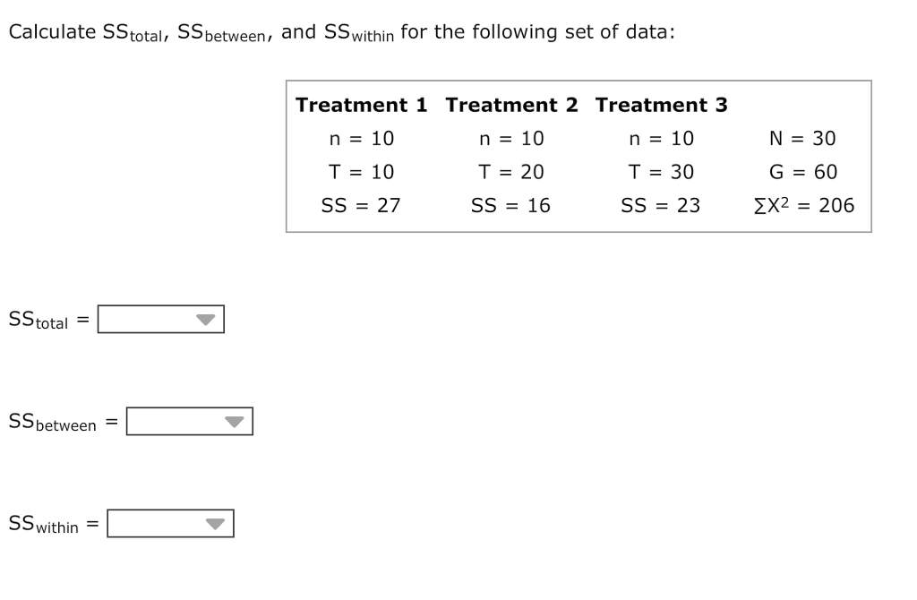 Solved Calculate SStotal, SSbetween, and SSwithin for the | Chegg.com