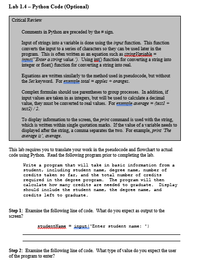 Solved Lab 1.4-Python Code (Optional) Critical Review | Chegg.com