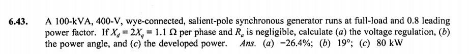 Solved A 100-kVA, 400 V, wye-connected, salient-pole | Chegg.com