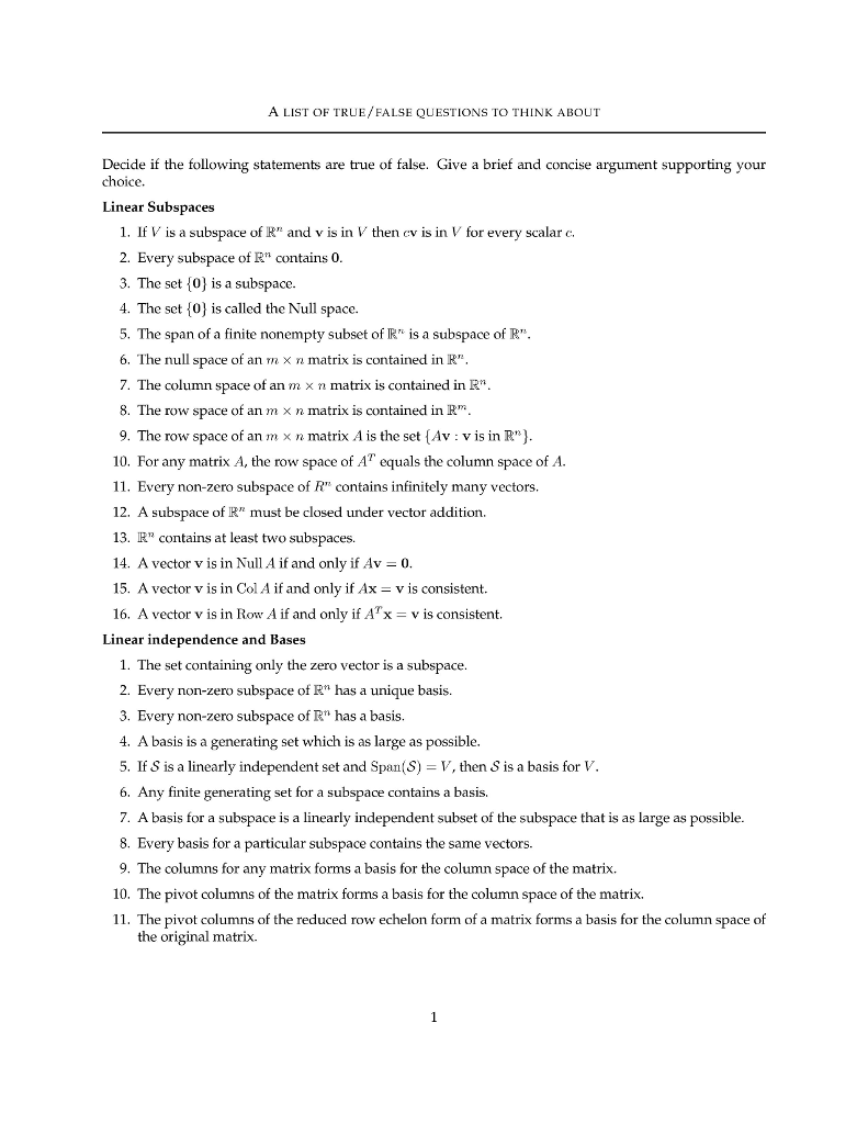 Solved A LIST OF TRUE/FALSE QUESTIONS TO THINK ABOUT Decide | Chegg.com