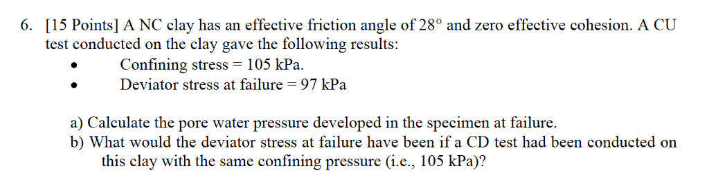 Solved 6. [15 Points] A NC clay has an effective friction | Chegg.com