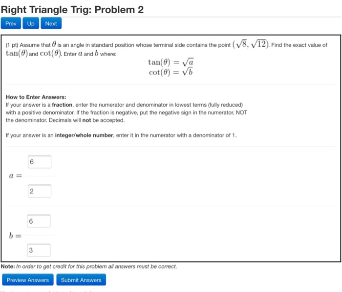 Solved Right Triangle Trig: Problem 2 Prev Up Next (1 pt) | Chegg.com