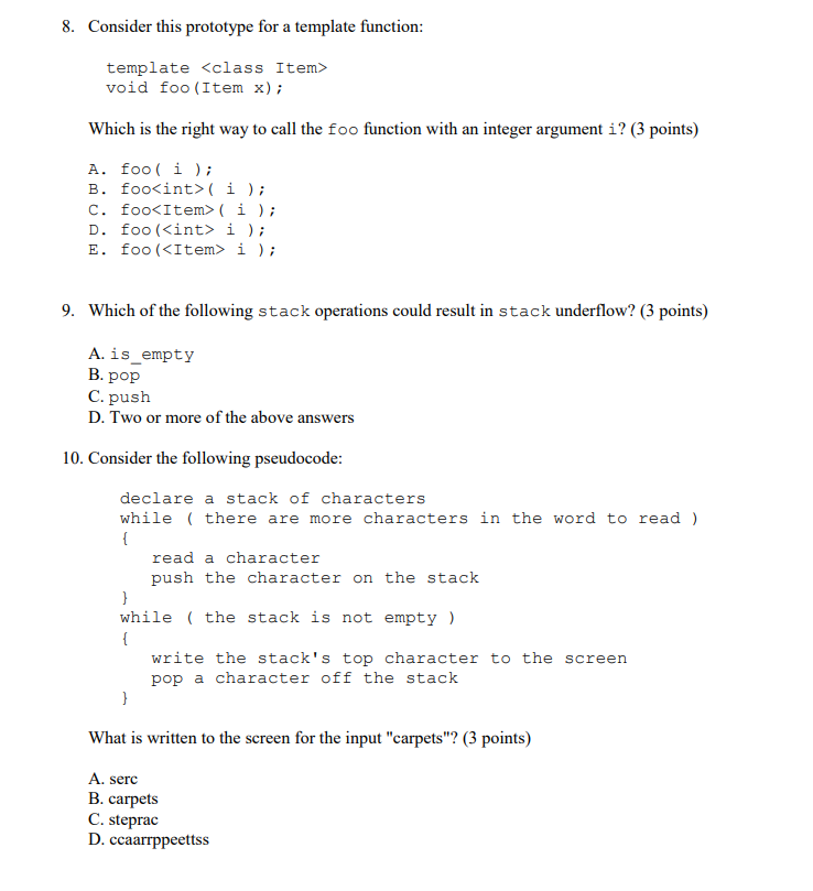 Solved 8 Consider This Prototype For A Template Function
