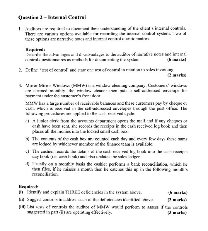 Solved Question 2 - Internal Control 1. Auditors are | Chegg.com