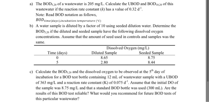 Solved The BOD_5, 20 of a wastewater is 205 mg/L. Calculate | Chegg.com