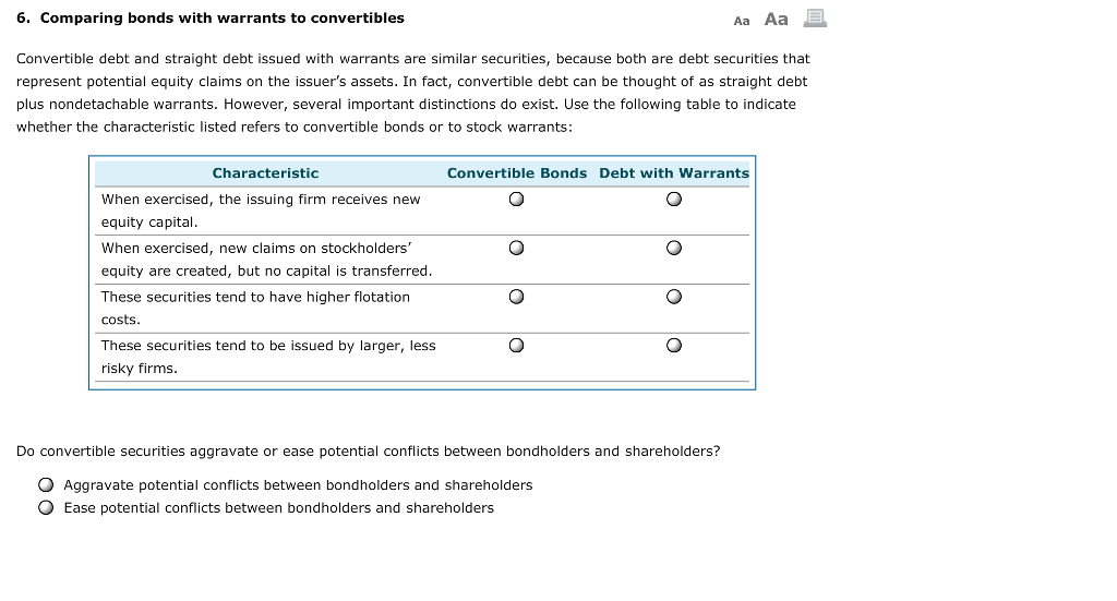 Solved Aa Aa E. 6. Comparing bonds with warrants to | Chegg.com