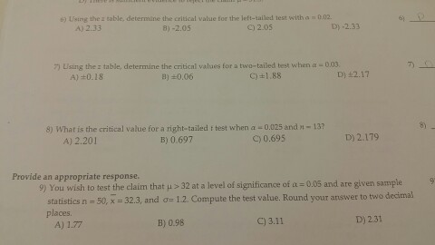 Solved Using the z table, determine the critical value for | Chegg.com
