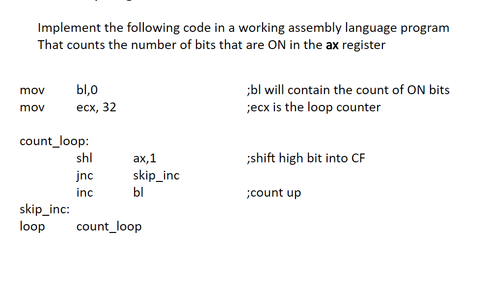 Solved Implement the following code in a working assembly | Chegg.com