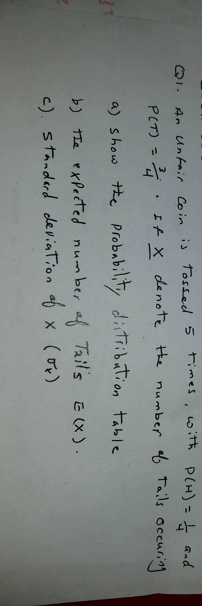 Solved An unfair coin tossed 5 times, with p(H) = 1/4 and | Chegg.com