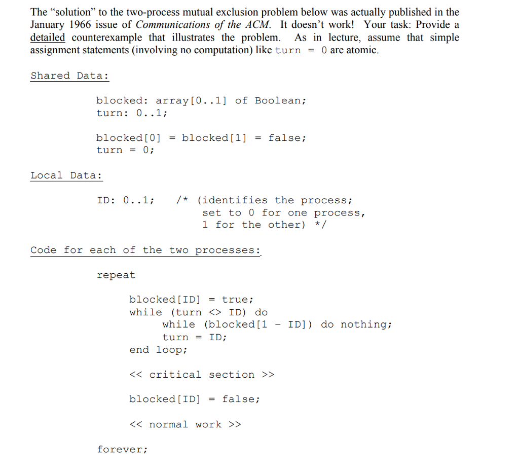 The "solution" to the two-process mutual exclusion | Chegg.com
