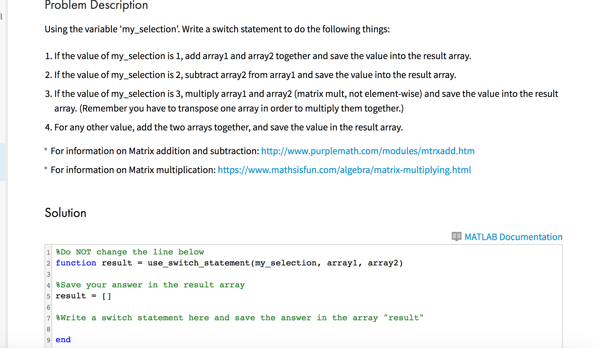Solved Using the variable 'my_selection'. Write a switch | Chegg.com