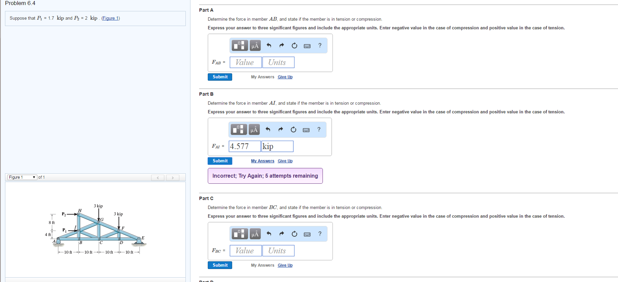 Solved Part D Suppose that P = 1.7 kip andPo=2 kip (Figure | Chegg.com