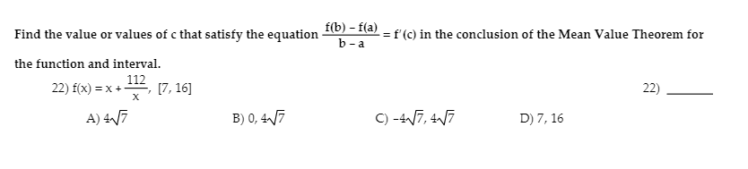 Solved Find the value or values of c that satisfy the | Chegg.com
