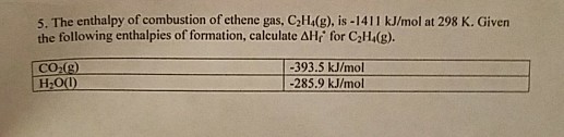 Solved 5. The enthalpy of combustion of ethene gas, C2H4(g), | Chegg.com