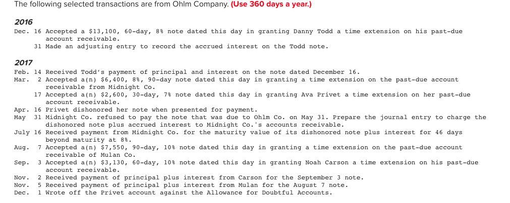 Solved The following selected transactions are from Ohlm | Chegg.com