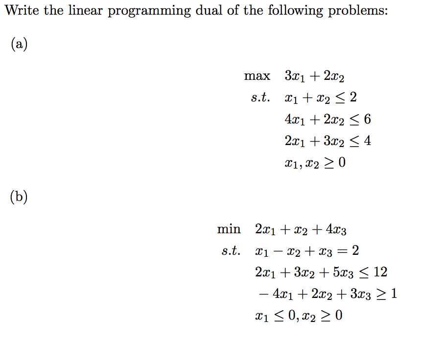 Write the linear programming dual of the following | Chegg.com