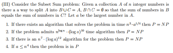 Solved Consider the Subset Sum problem: Given a collection A | Chegg.com