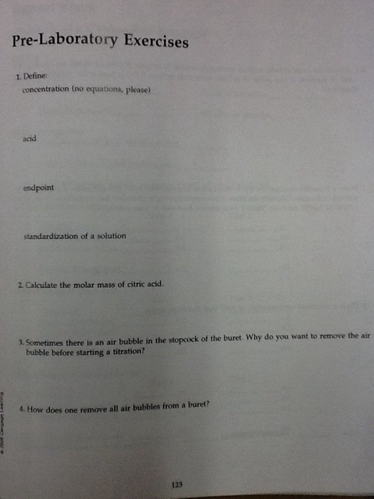 Solved Pre-Laboratory Exercises 1. Define: concentration (no | Chegg.com