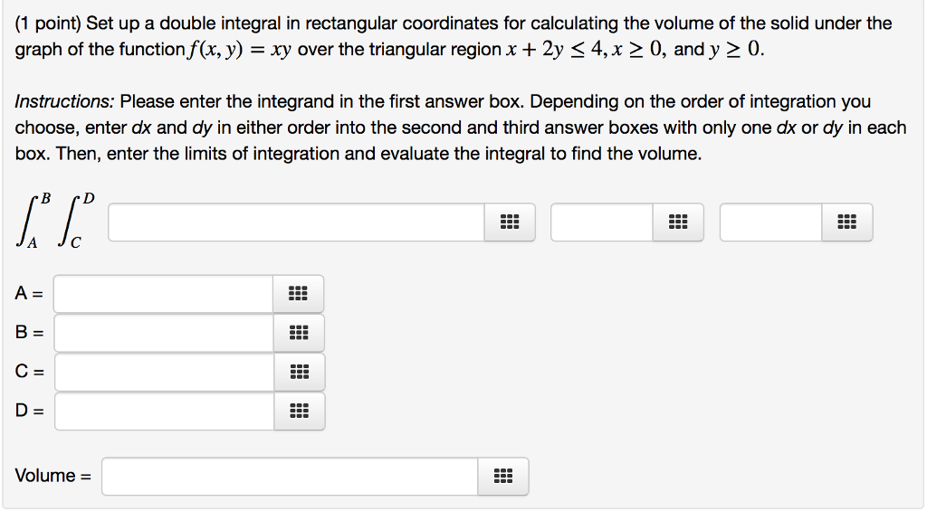 Solved (1 point) Set up a double integral in rectangular | Chegg.com