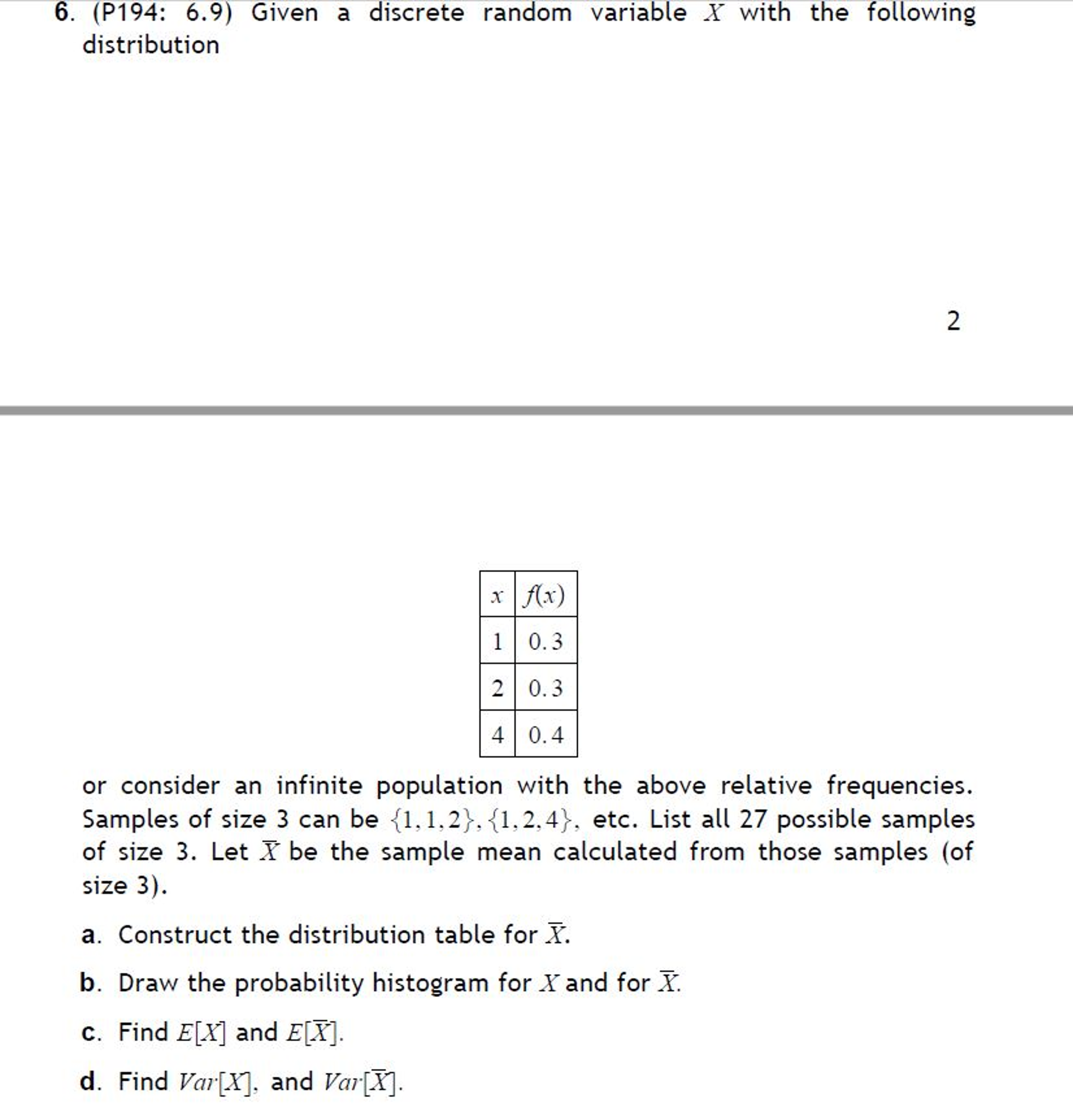 Solved Given a discrete random variable with the following | Chegg.com