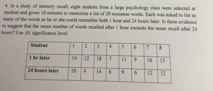 Solved 4. In a study of memory recall, eight students from a | Chegg.com