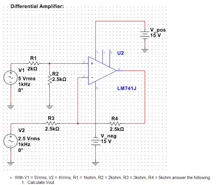Solved Differential Amplifier. With V1 = 5Vrms, V2 = 4Vrms, | Chegg.com